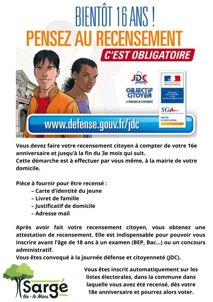 Bientôt 16 ans, pensez au recensement! - Ville de Sargé-lès-Le Mans, Sarthe (72)